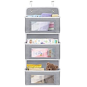BiSiViO Door Hanging Organizer Nursery Closet Cabinet Baby Storage with 4 Large Pockets, Wall Mount Storage with Clear Window and 2 Widened Metal Hooksfor Cosmetics, Toys and Sundries (Grey)