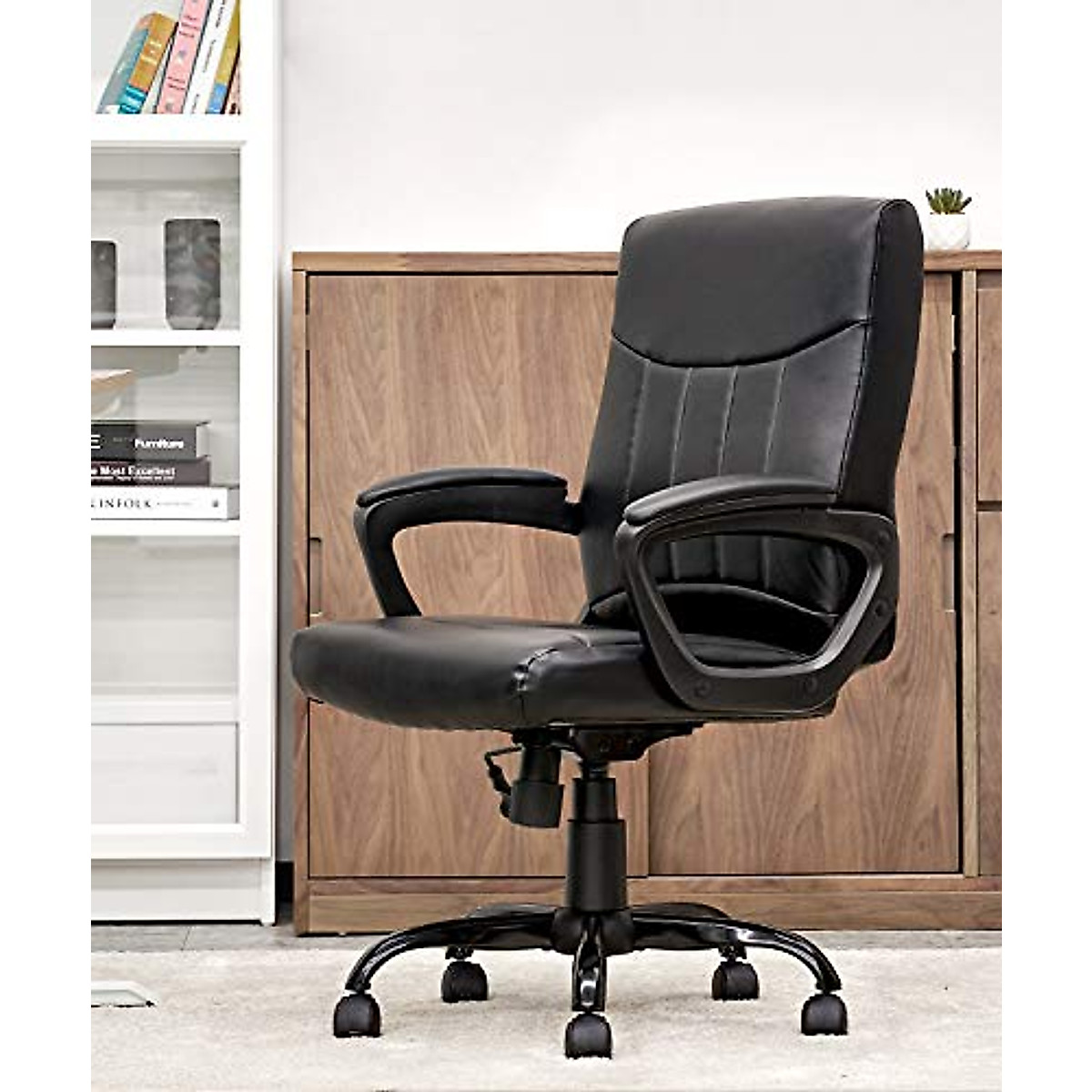 CLATINA Leather Office Executive Chair, Mid Back Computer Desk Chair with Lumbar Support and Padded Armrests, Ergonomic Adjustable Swivel Chair for Home, Black