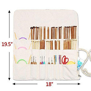 Teamoy 2 Pack Canvas Knitting Tote Bag and Knitting Needles Roll Holder for Yarn, Knitting Needles(14 Inches), Supplies and More, Perfect Size for Knitting on The Go(Large,Blue Flowers)