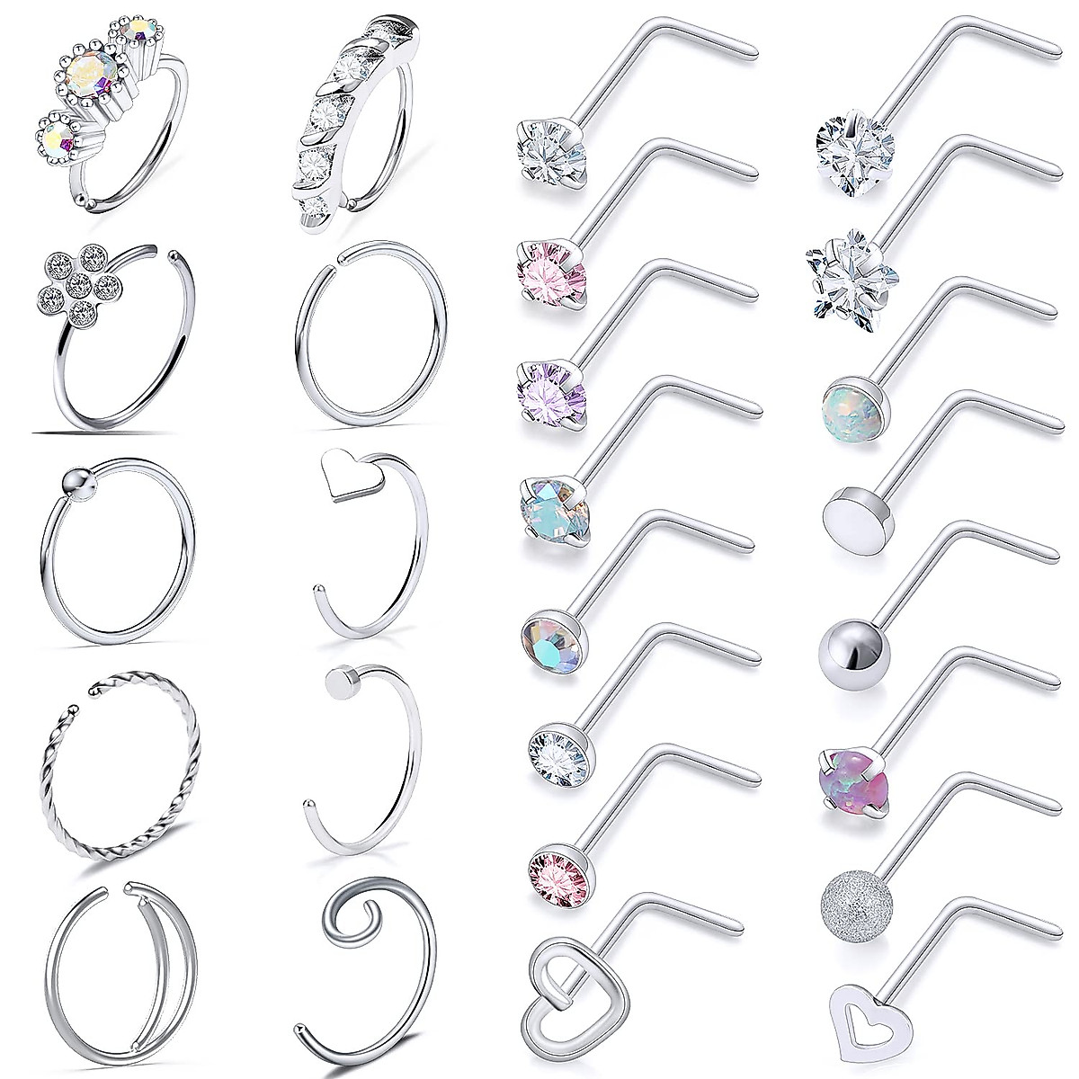 Vsnnsns 20G Nose Rings for Women Surgical Steel Nose Rings Hoops L Shaped Nose Studs Nose Hoop Rings 2mm Diamond CZ Nose Ring Nose Piercing Jewelry Silver 26Pcs