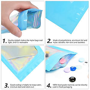 Funfery 100 pcs Blue Smell Proof Mylar Holographic Bags Packaging Bags,Clear Resealable Odor Proof Bags Foil Pouch Bags for Food Storage,Lipgloss,Jewelry,Eyelash Packaging for Small Business(3x4.7In)