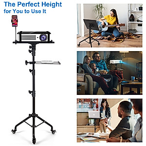 Tossbiss Laptop Tripod on Wheels with 2 Shelves, Portable Projector Floor Stand Adjustable Height 25.9 to 51.8 Inch with Phone Holder