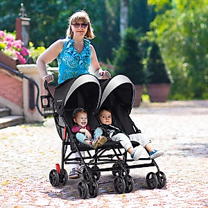 BABY JOY Double Light-Weight Stroller, Travel Foldable Design, Twin Umbrella Stroller with 5-Point Harness, Cup Holder, Sun Canopy for Baby, Toddlers (Black)