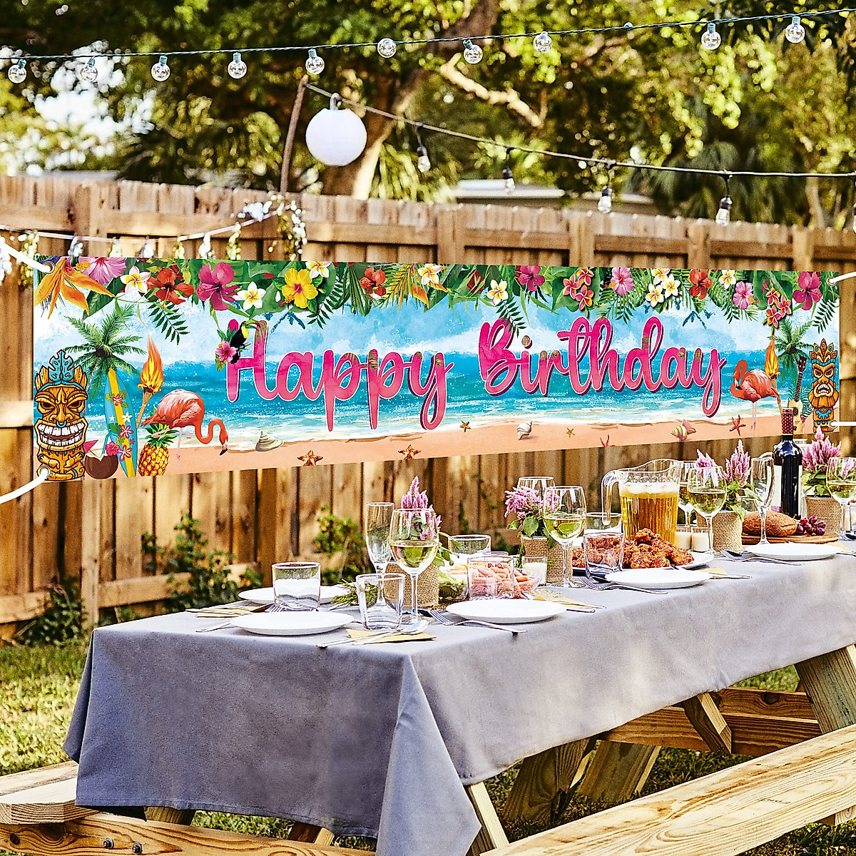 Hawaiian Luau Birthday Party Decoration Banner, Aloha Tropical Flamingo Birthday Party Supplies Yard Sign, Luau Party Birthday Party Background for Indoor Outdoor Decoration (Rose Red)