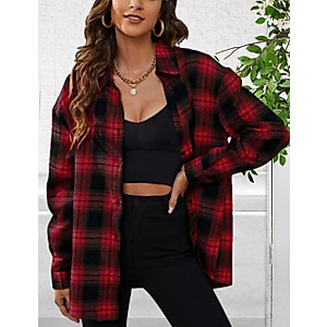 HangNiFang Flannel Red Black Plaid Shirts for Women Oversized Button Down Shirts Blouse(0768-RedBlack-M)