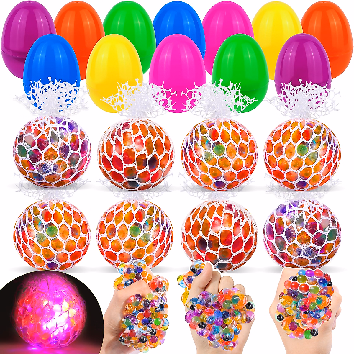 12 Pack Easter Eggs Filled with LED Stress Balls Fidget Toys, Easter Eggs Fillers Light Up Squishies Squeeze Ball Sensory Toys Easter Hunts Party Favors Easter Basket Stuffers for Kids Boys Girls