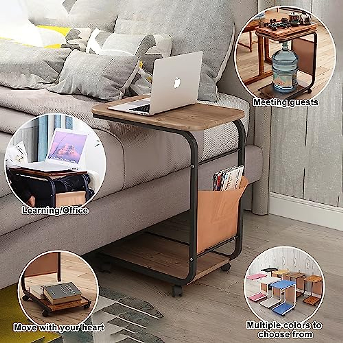 Casebeau C Shaped Sofa Table Side End Table With Wheels Vintage Wooden Movable Coffee Side Table Modern Coffee Small Side Table for Couch and Bed, Small Spaces, Living Room, Bedroom (Brown Wood Grain)