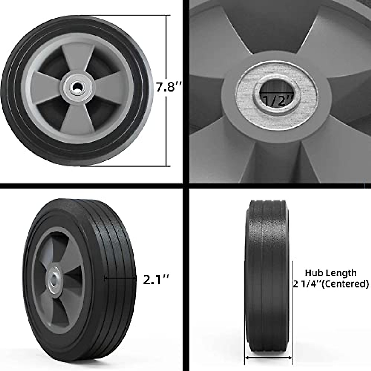 (2-Pack) 8 inch Solid Rubber Tires, 8”x2” Flat Free Wheel Assemblies - Replacement Hand Truck Wheels with Ball Bearings and 1/2” Axle - Heavy-Duty Solid Rubber Wheels