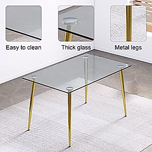 Henf Rectangular Glass Dining Table for 4-6 Persons, 0.31" Thick Tempered Glass Tabletop and Plating Metal Legs, Glass Writing Table Desk, 51 Inch Dining Table for Kitchen Living Room (Gold)