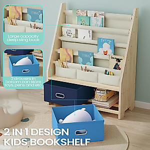 EXPERLAM 4 Tier Kids Book Shelf, Wooden Kids Book Rack Storage Bookshelf with Toy Storage Organizer, Toddler Sling Bookshelf for Boys, Girls, Kids Room, Blue