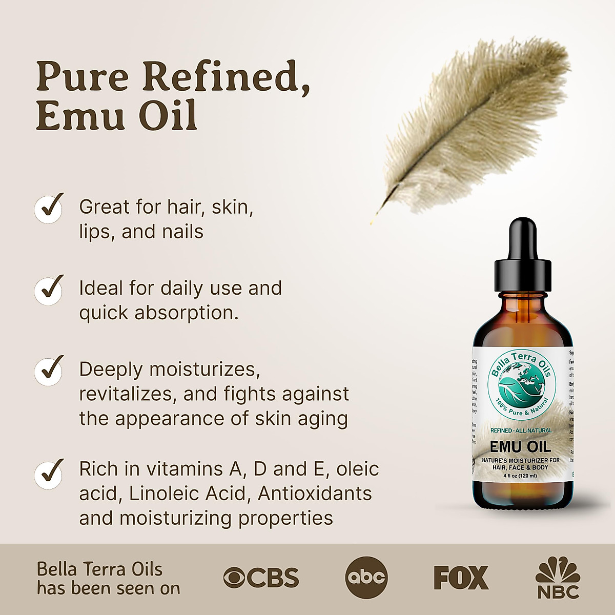 Bella Terra Oils - Emu Oil 4 oz - Genuine Pure Australian Emu, Infused with Linoleic & Oleic Acid, Perfect Companion for Lustrous Skin