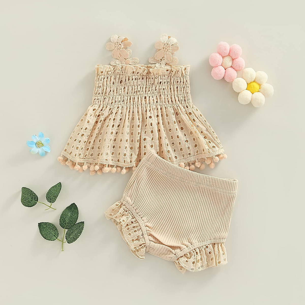 Newborn Baby Girls Clothes Sets Waffle Floral Print Sleeveless Bodysuits+Ruffles Drawstring Summer Shorts+Headband (Y-Apricot, 0-3 Months)