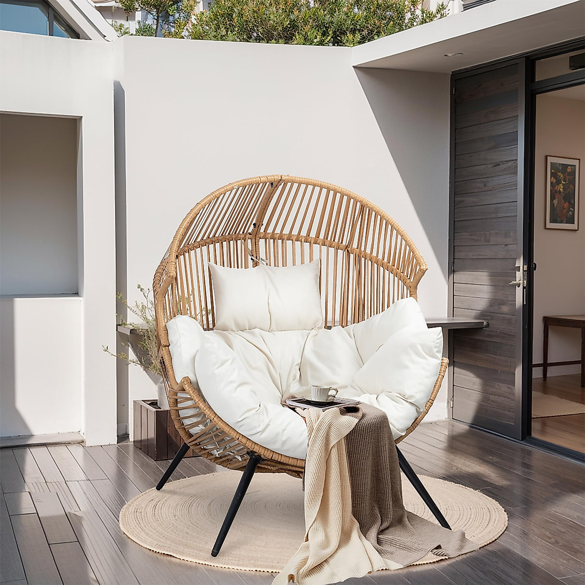 JAMFLY Egg Chair Outdoor Wicker Patio Chair, Oversized Lounger Chair with Cushion Egg Basket Chair for Indoor Living Room Bedroom Outside Patio Backyard Balcony