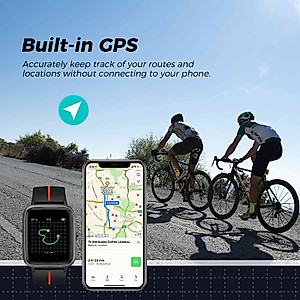 Smart Watch, Built-in GPS Fitness Tracker with All-Day Heart Rate and Activity Tracking* Monitoring, Full Touch Screen Fitness Watch, 14 Sport Modes, 5ATM Waterproof Men and Women (Black + Red)