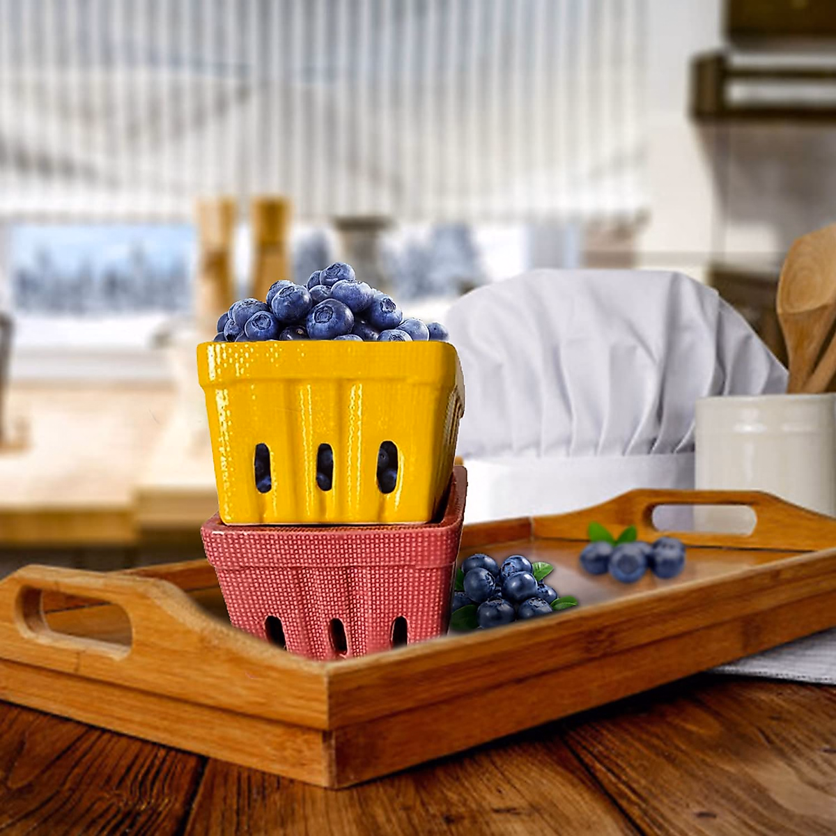 First of a Kind Stoneware Berry Baskets - Set of 4 Berry Containers Bowl - Textured Design - 4.25 Inch Square Kitchen Fruit Basket, Farmhouse Ceramic Berry Basket Bins for Veggie, & Fruits (Style 6)