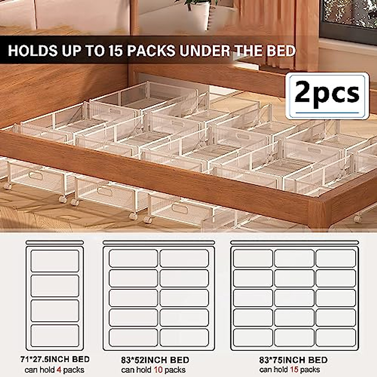 Femococ Under Bed Storage with Wheels, 2 Pack Under Bed Storage Containers Foldable Under Bed Wheeled Storage Space-Saving Solution for Shoes, Clothes & Blankets - White