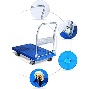 ELEFOCUS Flatbed Hand Cart Platform Truck with Silent Wheels Foldable Handle Plastic Deck Push Cart for Home(Size:72 * 60-330lbs)