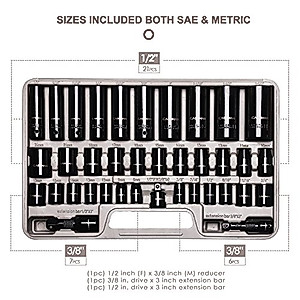 CASOMAN Complete 3/8" and 1/2” Drive Impact Socket Set, Inch (SAE) /Metric, Cr-V, 6-Point, 3/8"- 1-1/4", 8 mm - 24 mm, Deep & Shallow, 38-Piece Impact Socket Set