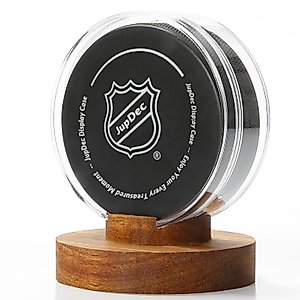 JupDec Hockey Puck Display Case Acrylic Clear Holder with Wood Base, Autograph Souvenir Display Stand, Perfect Showcase for Your Collection, Brown, 1 Pack