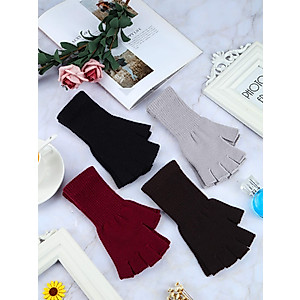 SATINIOR Fingerless Gloves for Women Half Finger Typing Gloves with Long Wrist Cuff Winter Knit Fingerless Mittens for Women (Black, Red, Light Grey, Coffee, 4 Pairs)