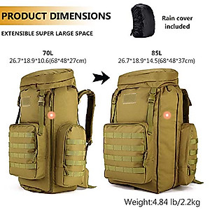 Protector Plus Tactical Hiking Daypack 70-85L Military MOLLE Assault Backpack Army Traveling Camping Pack Bug Out Bag Outdoor Rucksack (Rain Cover & Patch Included),Brown