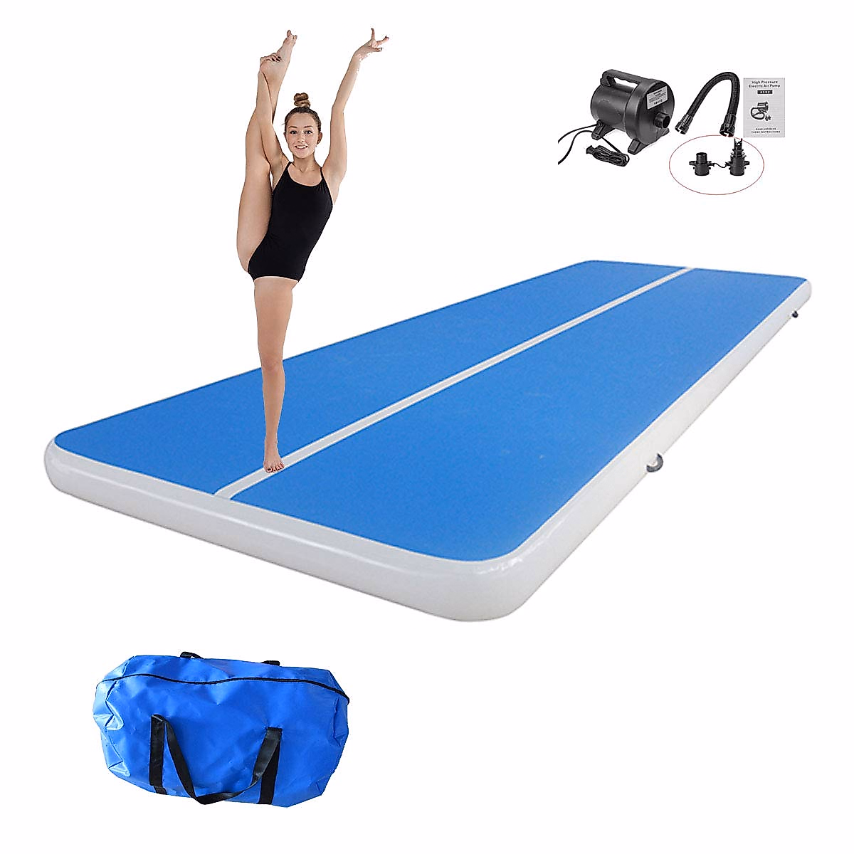 INFUNTABLE Inflatable Gymnastic Air Tumbling Practice Track Floor 10ft 13ft 16ft 20ft Exercise Mat With Pump 8In Thickness For Outdoor Yoga Training Cheerleading Beach Home Use (P2-Blue, 13ft x 6ft x 8in (4mx1.8mx0.2m))