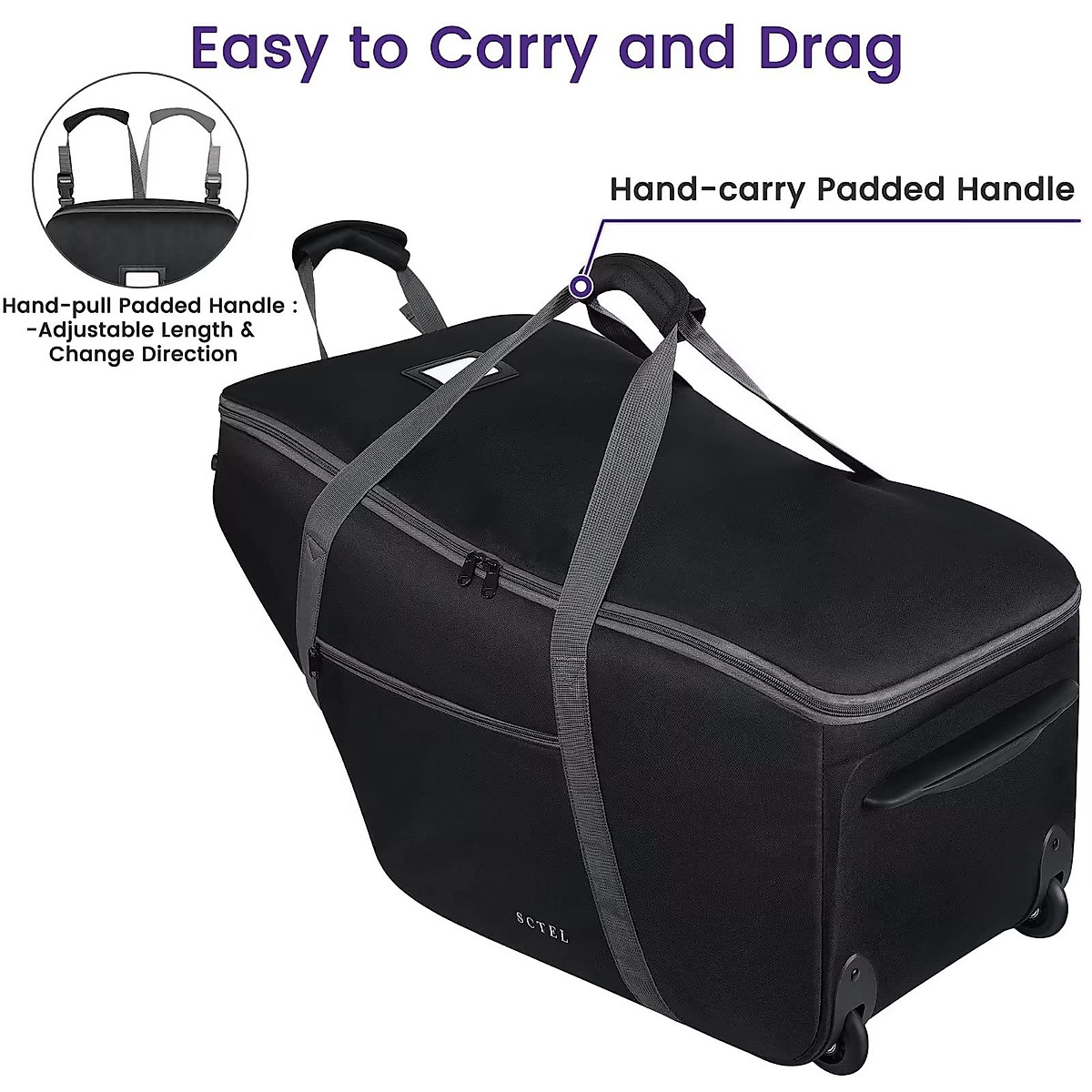 SCTEL Car Seat Travel Bag for Airplane Fits Chicco KeyFit 30, UPPAbaby MESA, Nuna Pipa, Padded Car Seat Bag with Wheels, Infant Gate Check Bag with side pocket, Protective Feet, Adjustable Handle