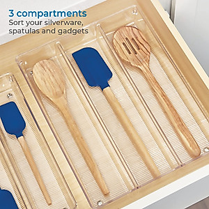 iDesign Linus Plastic Kitchen Drawer Utensil Organizer, Divided Storage Container for Silverware, Spatulas, Gadgets, 3.8" x 10.5" x 2" - Clear
