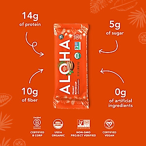 ALOHA Organic Plant Based Protein Bars - Peanut Butter Cup Bar - 12 Bars, Vegan, Low Sugar, Gluten-Free, Low Carb, Non-GMO, No Stevia, No Erythritol
