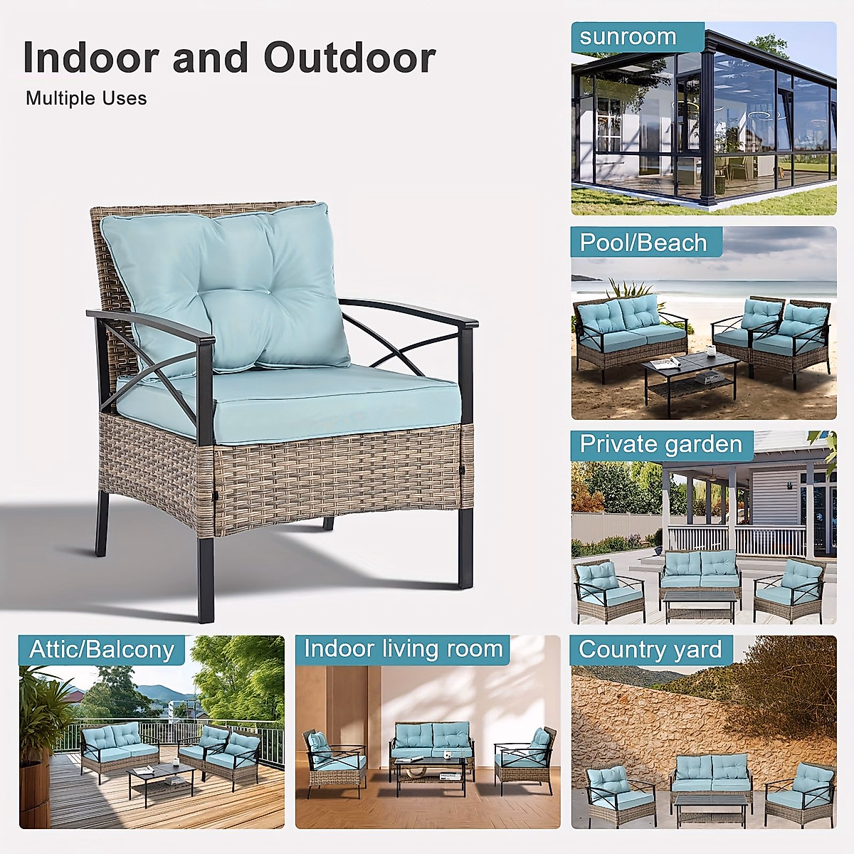 YIORTWO 4 Piece Patio Furniture Set Outdoor Conversation Furniture Sets, Wicker Patio Sectional Furniture with Waterproof Cushions and Coffee Table for Garden Poolside Balcony Porch, Blue