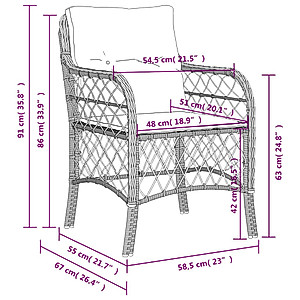 vidaXL Patio Chairs with Cushions - Gray Poly Rattan Outdoor Garden Furniture, Comfortable Seating with Washable Cushion Covers, 23" x 26.4" x 33.9"