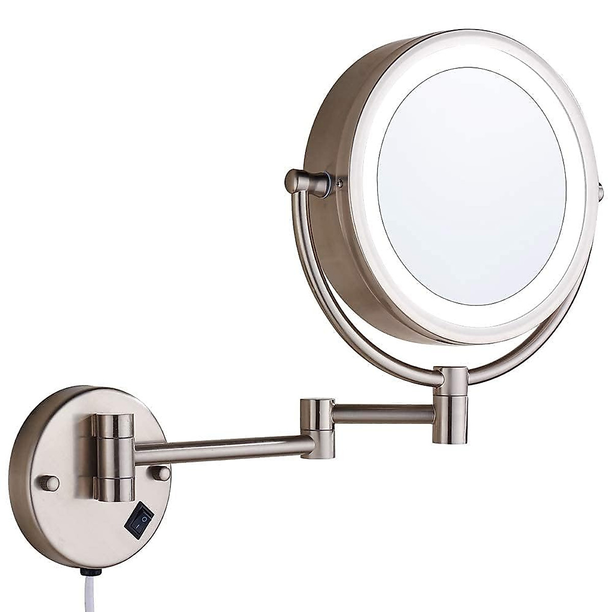 Cavoli Wall Mount Makeup Mirror 9 Inches with LED Lighted 10x Magnification,has 3 Colors Lights Modes,13" Extension Arm Magnifying Vanity Mirror Electric Plug Powered, Brushed Nickel Finish