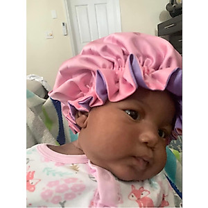 AKISS Reversible Satin Silk Sleep Hair Bonnet for Newborn Baby Girl Boy (Taffy/Lavender, 1~3 M)