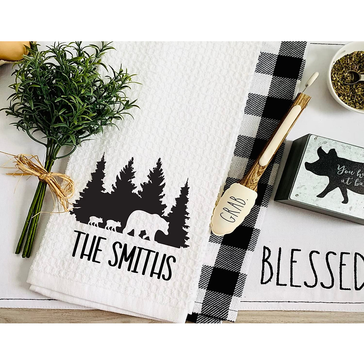 Monogram Personalized Mama Baby Bear Kitchen Towel, Farm House Waffle Weave Tea Towel, Cabin Housewarming Gift, Wedding Gift