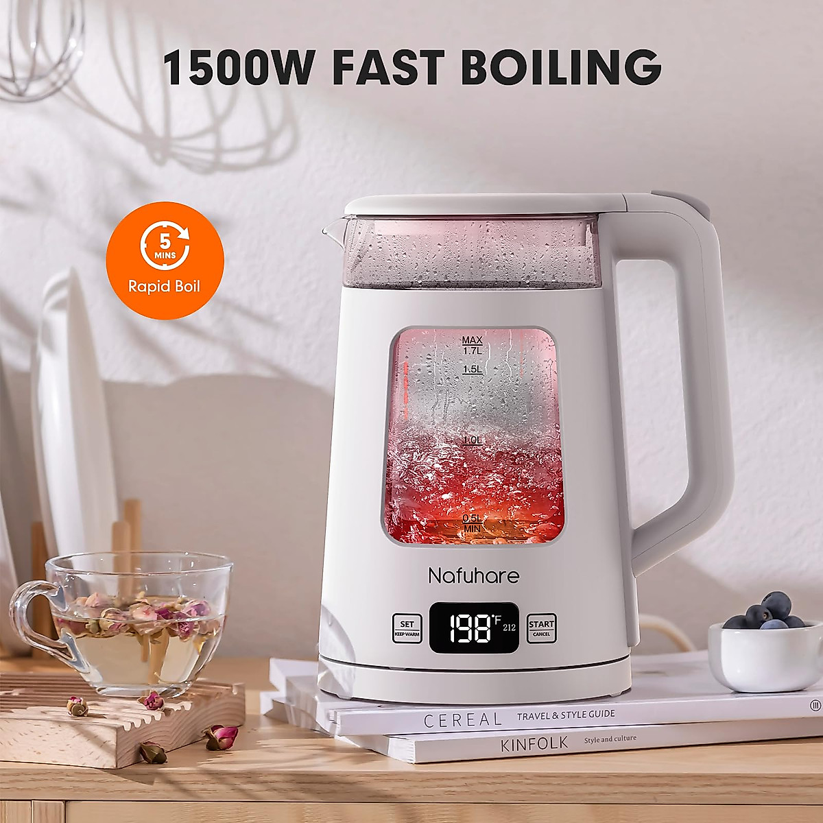 Electric Kettle with Temperature Control, 5 Presets Colors LED Lights, 1500W Fast Boiling, Glass Tea Kettle & Hot Water Boiler, Keep Warm, 100% BPA Free, Stainless Steel Bottom, 1.7L (White, 1.7L)