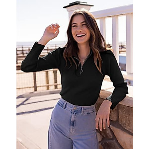 PRETTYGARDEN Fall Quarter Zip Pullover Sweaters for Women 2023 Long Sleeve Collared Fitted Ribbed Knit Tops (Black, Large)