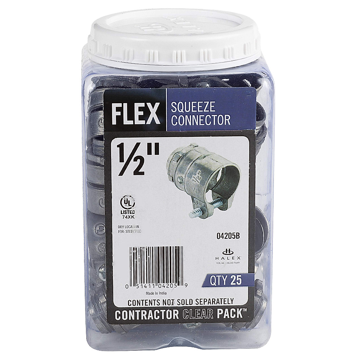 Halex – ½ Inch Flexible Metal Conduit (FMC) Squeeze Connector – 04205B – 25 Per Pack – Silver
