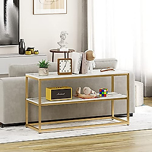 Function Home TV Stand for TVs up to 50 Inch, 3 Tier Entertainment Center, Modern TV Cabinet with Marble Top and Gold Metal Base, 42" Media Console Table with Storage for Living Room Bedroom