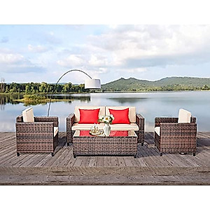 SUNCROWN 4-Piece Outdoor Patio Wicker Furniture Sofa Set, Sectional Conversation Set with Cushions & Tempered Glass Table