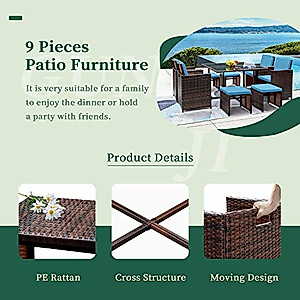 GUNJI 9 Pieces Patio Dining Outdoor Table and Chairs Table Set with Space Saving Rattan Chairs Patio Furniture Sets Cushioned Seating and Back (Blue)