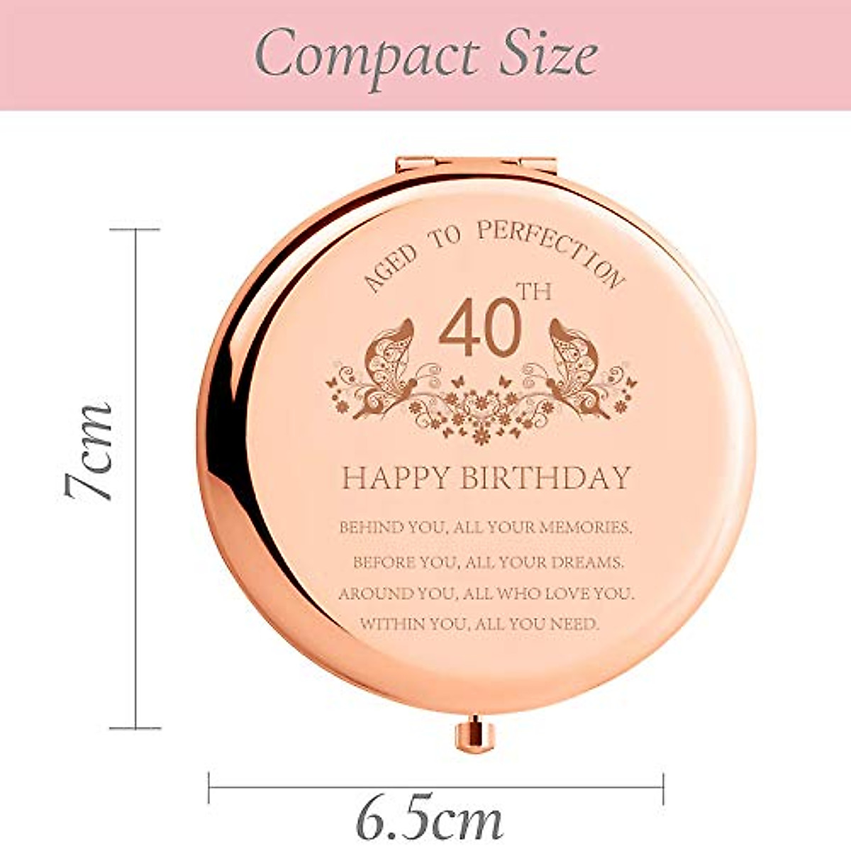 SFHMTL 40th Birthday Gift for Mom Stainless Steel Portable Compact Makeup Mirror Behind You All Your Memories Presents with Gift Box Engraved Cosmetic Mirror for Aunt Wife Coworker Rose Gold