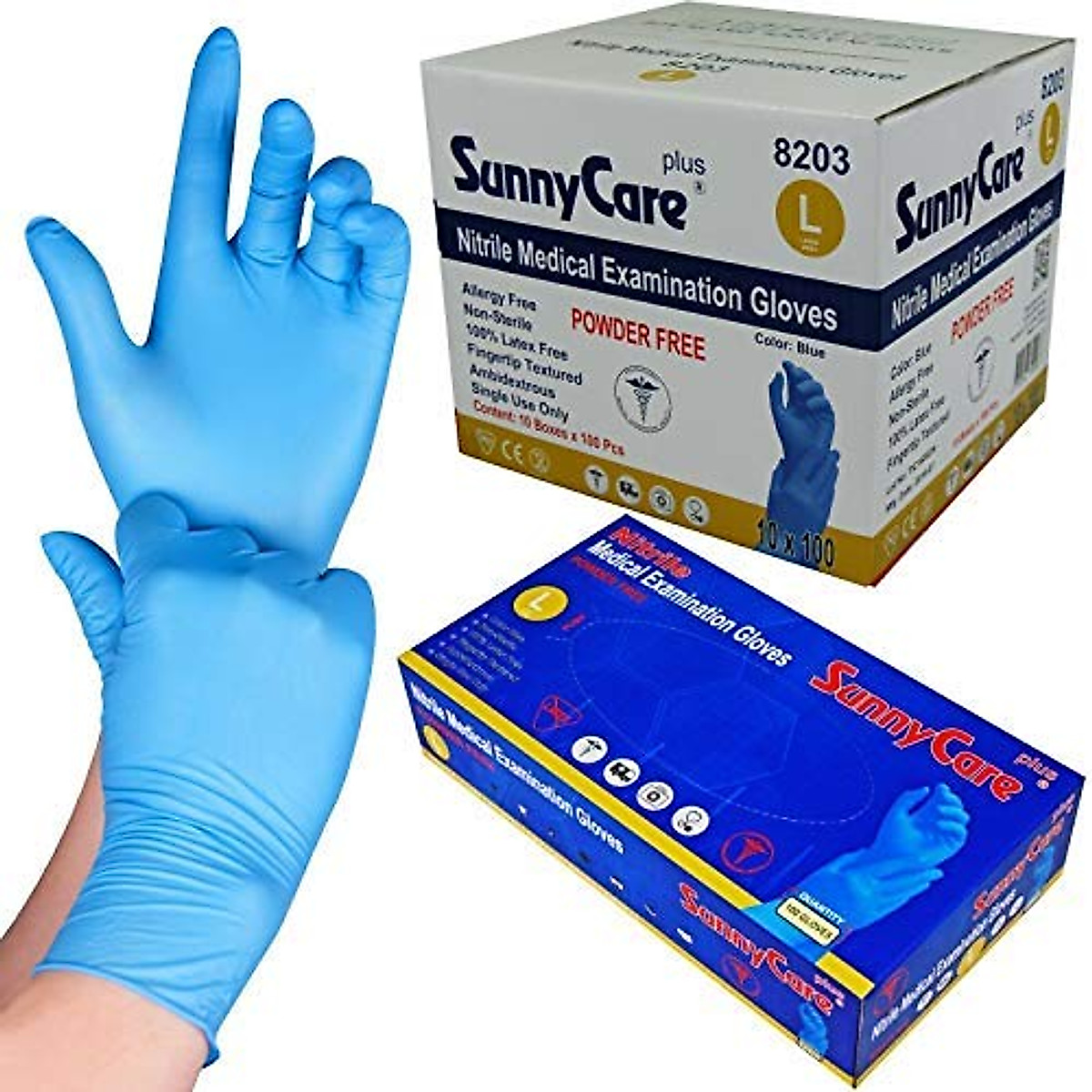SunnyCare #8203 1000/1cases Blue Nitrile Medical Exam Gloves Powder Free Chemo-Rated (Latex Vinyl Free) Large