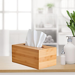 PERFORMORE Bamboo Tissue Box Cover - Water-Resistant Rectangular Wooden Facial Tissue Box with Sliding Bottom - 27x15.5x11.5 cm Wood Kleenex Box Holder - Ideal for Bathroom, Office Desk & Nightstand
