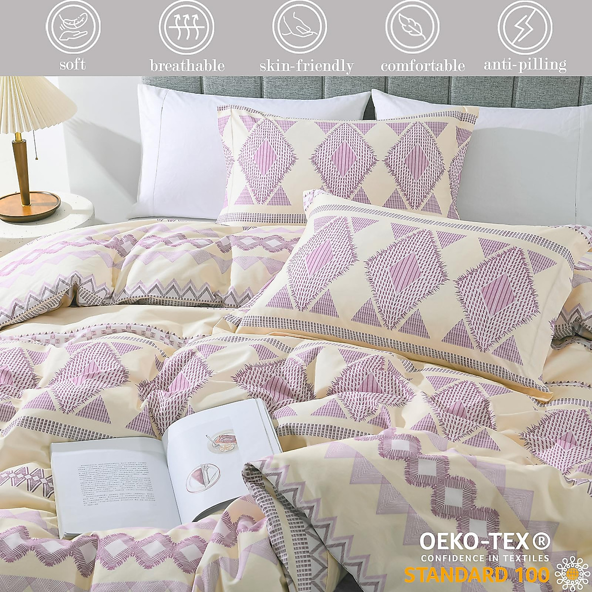 CozyQQ Boho Duvet Cover King - 100% Cotton 400TC Soft King Summer Duvet Cover Set with Zipper Closure 8 Ties, 3-Piece Geometric Bohemian Aztec King Duvet Cover (104x90, No Comforter)