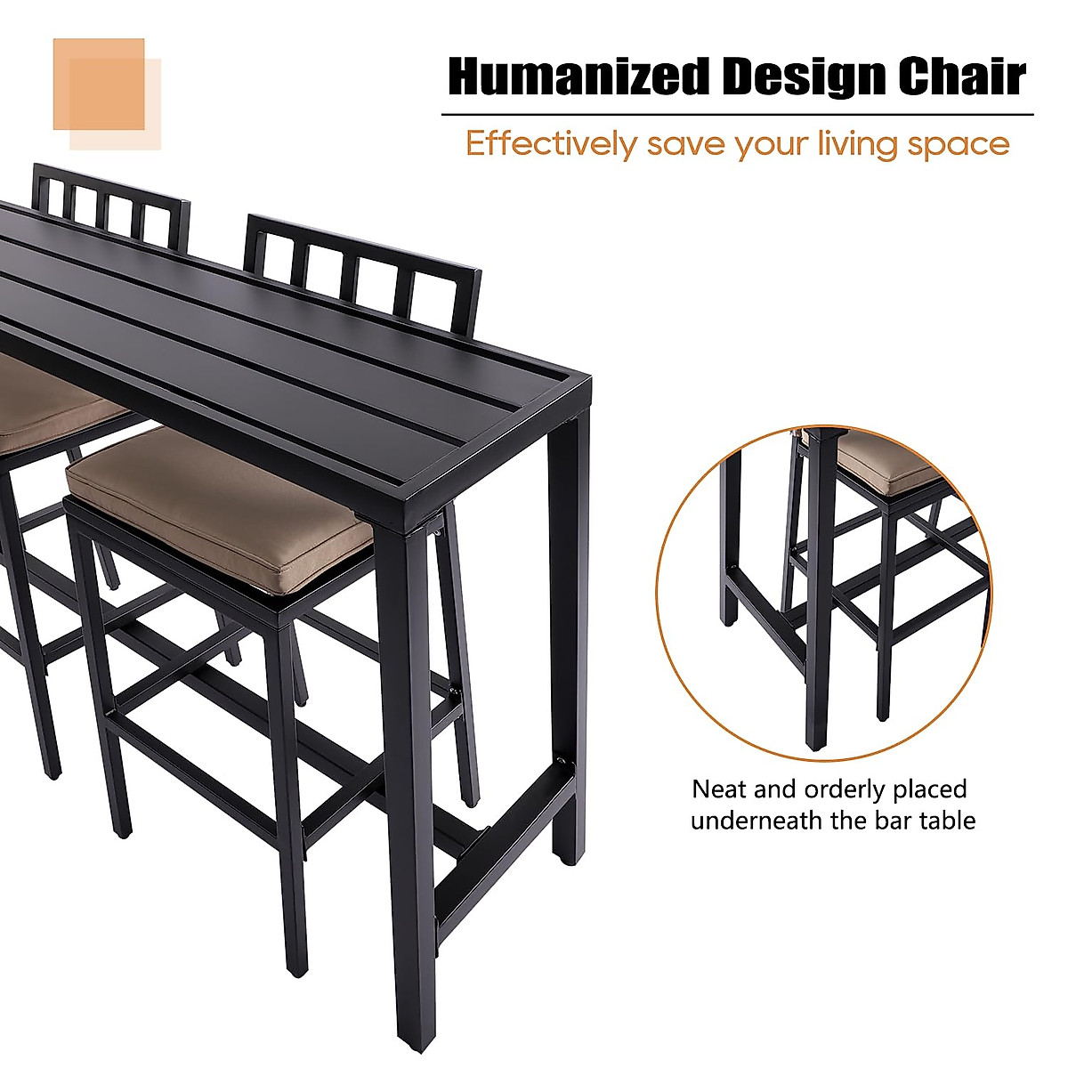 ONLYCTR Outdoor Bar Chairs and Table, Metal Outdoor Bar Set, 7 Piece Patio Bar Table Set with Bar Stools & Cushions for Backyard, Porch, Bistro, Balcony (Black, 63" Table, 6 Vertical Back stools)