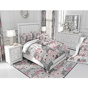 Hippo Sheet Set Full Size Cartoon Animal Sheets with Deep Pocket Fitted Sheet for Kids Teens Adults Hippopotamus Bed Sheets Set Kawaii Cute Bedding Set Room Decorations 4Pcs With 2 Pillow Cases