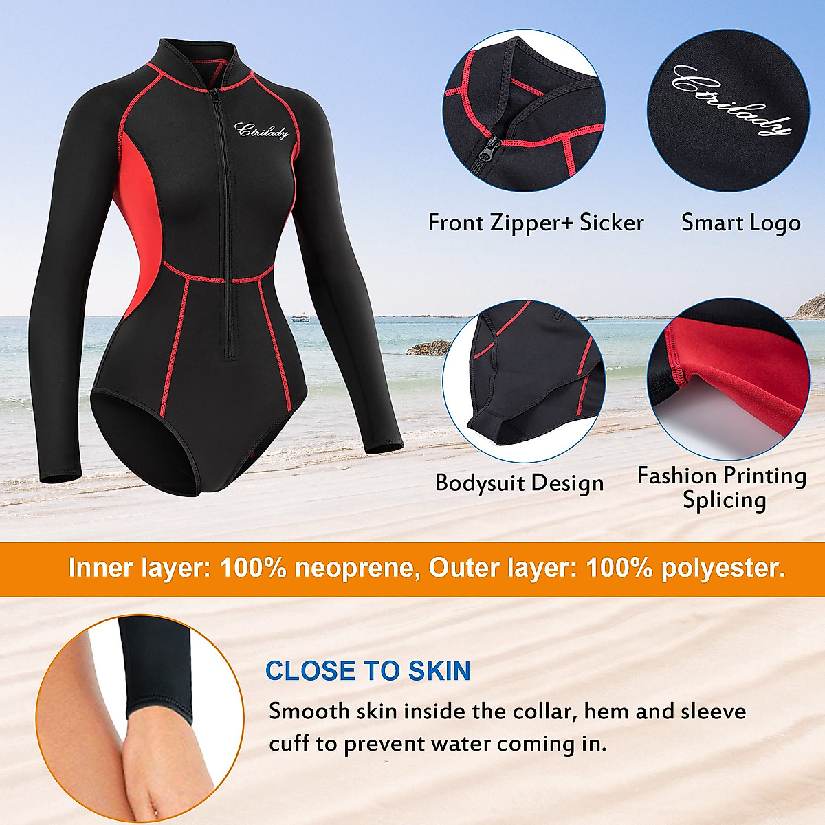 CtriLady Women Neoprene Wetsuit, Shorty Wetsuit for Women, 1.5mm Long Sleeve Diving Suits with Front Zipper UV Protection for Swimming Diving Snorkeling (Red,S)