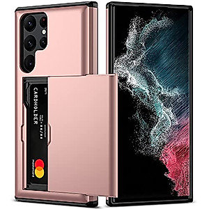 Nvollnoe for Samsung S22 Ultra Case with Card Holder 5G 6.8 inch Slim Dual Layer Heavy Duty Protective Galaxy S22 Ultra Case Hidden Card Slot Wallet Case for Samsung S22 Ultra(Rose Gold)
