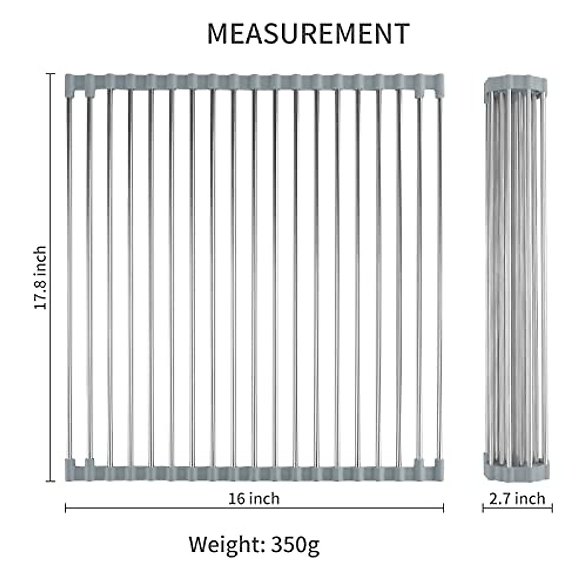 Over Sink Dish Drying Rack, 304 Stainless Steel Roll Up Dish Drainer, Silicone Anti-Slip Roll Out Dish Rack Rolling Flat Sink Rack Mat Foldable Multipurpose for Kitchen Counter (17.7"x16.5")