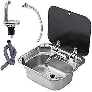 RV Sink Kitchen Bar Sink RV Stainless Steel Hand Wash Basin Sink with Folded Faucet Tempered Glass Lid Washbasin for Camper, Trailer, Caravan, RV, Home, Cafe, Bar, Boat